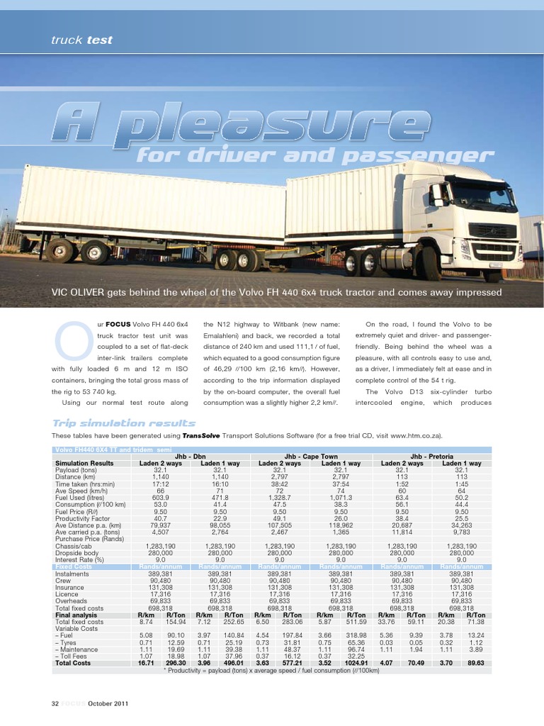 October2011 Truck Test Volvo FH 440 6x4 Truck Tractor | PDF