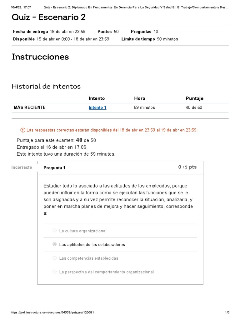 Quiz Escenario 2 | Descargar gratis PDF | Comportamiento organizacional | Comportamiento