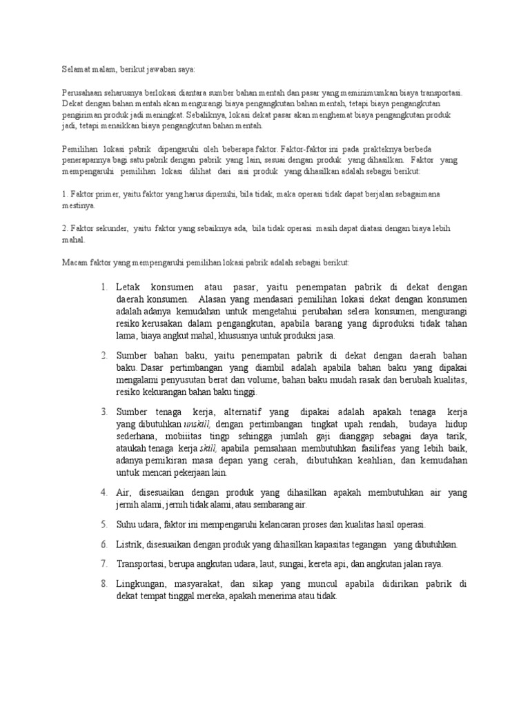 Faktor Pemilihan Lokasi Pabrik Optimal | PDF