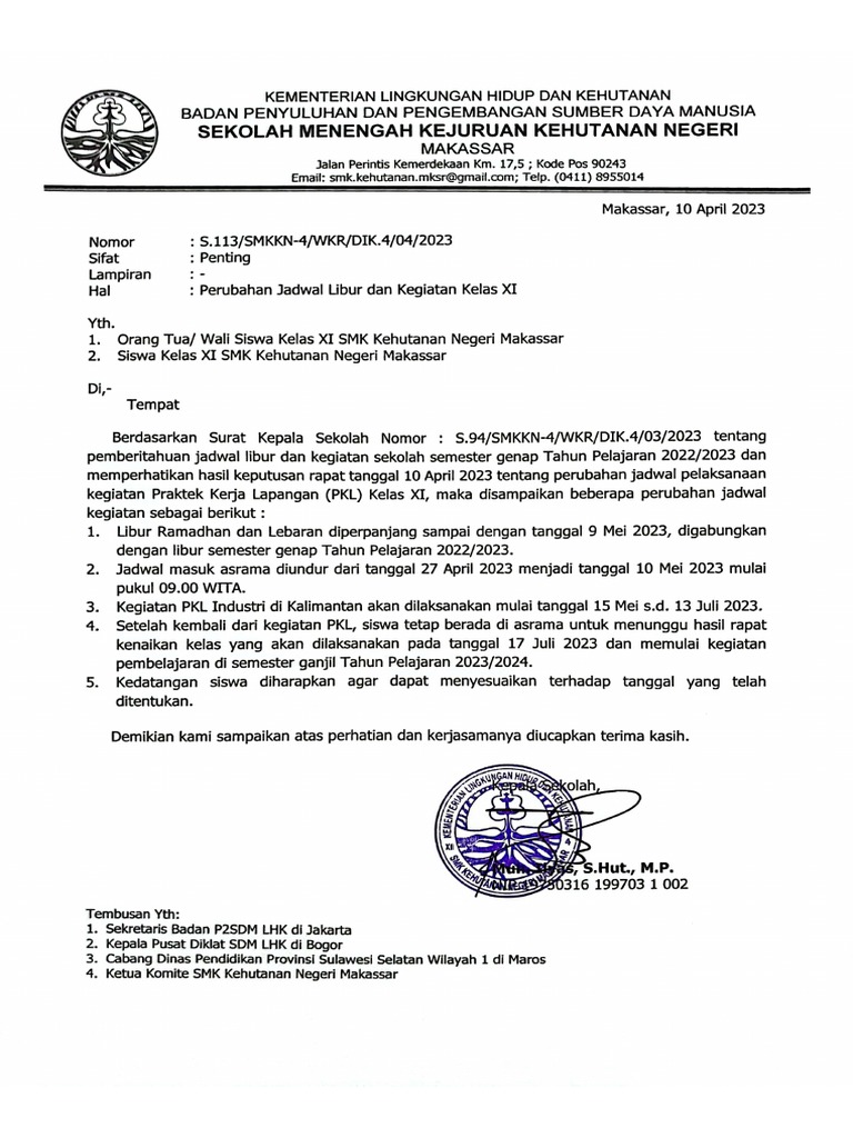 Surat Pemberitahuan Perubahan Jadwal Kelas XI.pdf | PDF