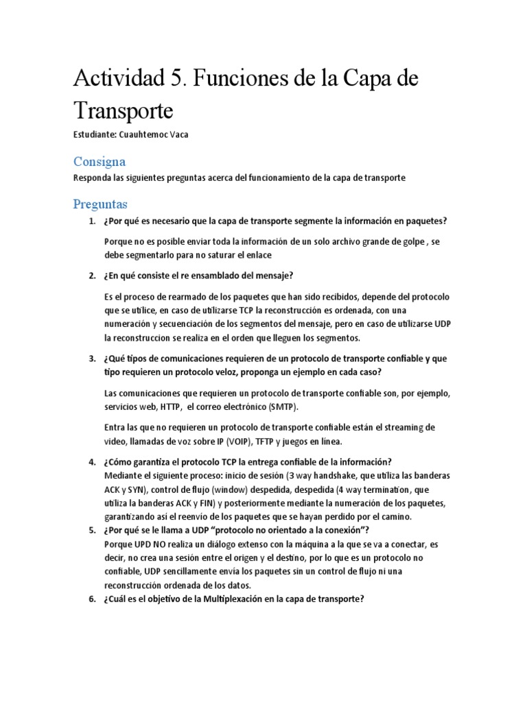 !actividad 5. Funciones de La Capa de Transporte | PDF | Zócalo de red | Protocolo de Control de ...