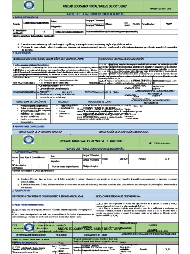 PLAN DE DESTREZAS DE LENGUA.2do - BACHI MAYO 05 2018-2019 | PDF | Evaluación | Planificación