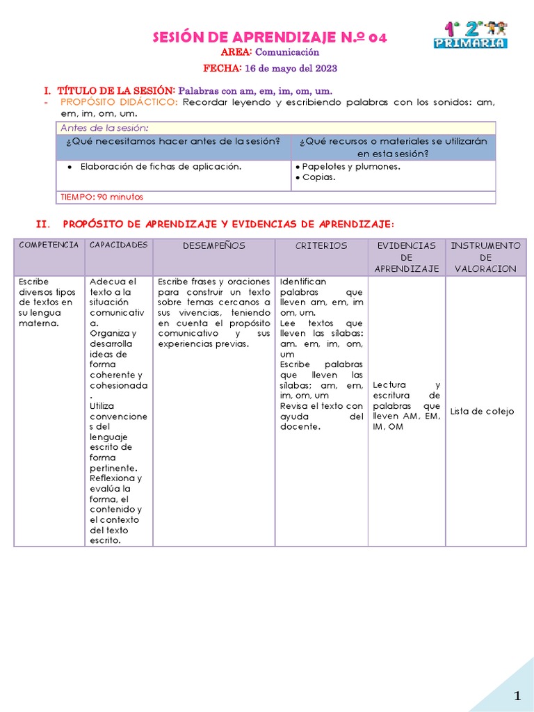 SESION 04-III CICLO-COM-Palabras Con Am, Em, Im, Om, Um | PDF ...
