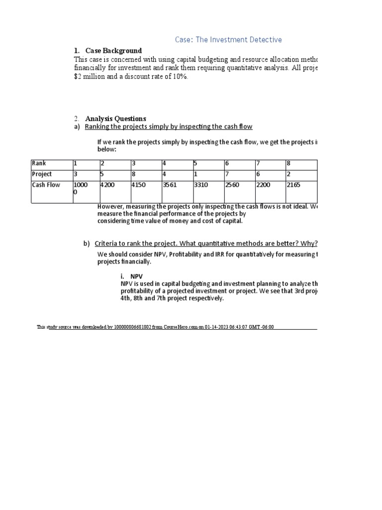 Case The Investment Detective | PDF | Capital Budgeting | Internal Rate ...