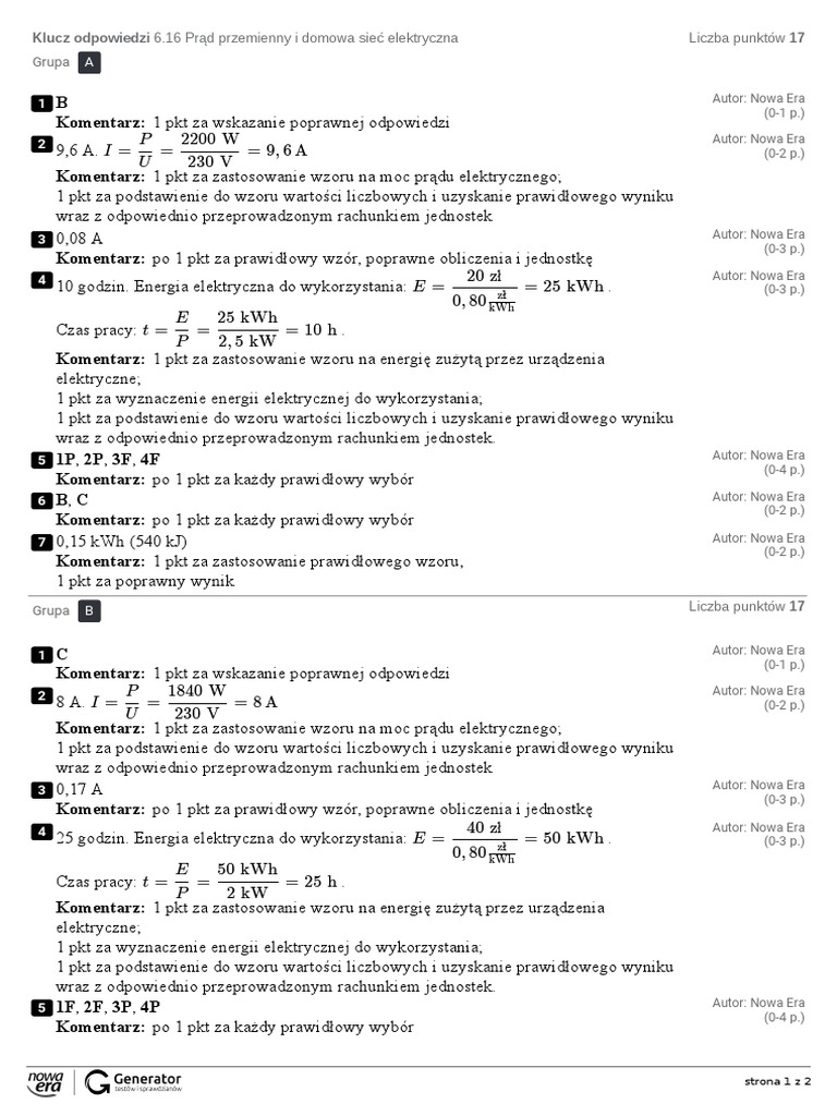 6.16 Prad Przemienny I Domowa Siec Elektryczna Klucz Odpowiedzi PDF | PDF