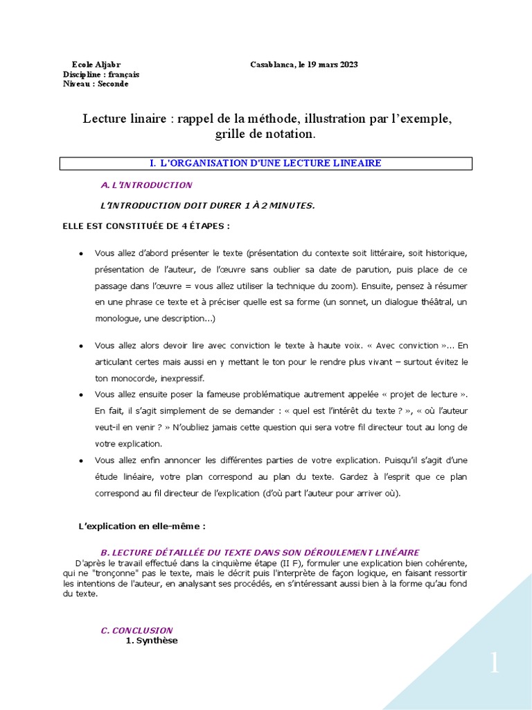 Lecture Linaire Méthode Illustration Grille de Notation Classe Seconde 8 | PDF