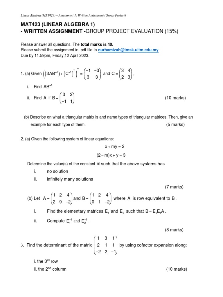 MAT423 - ASSESSMENT 1 (Group Project) - March - August2023 | PDF