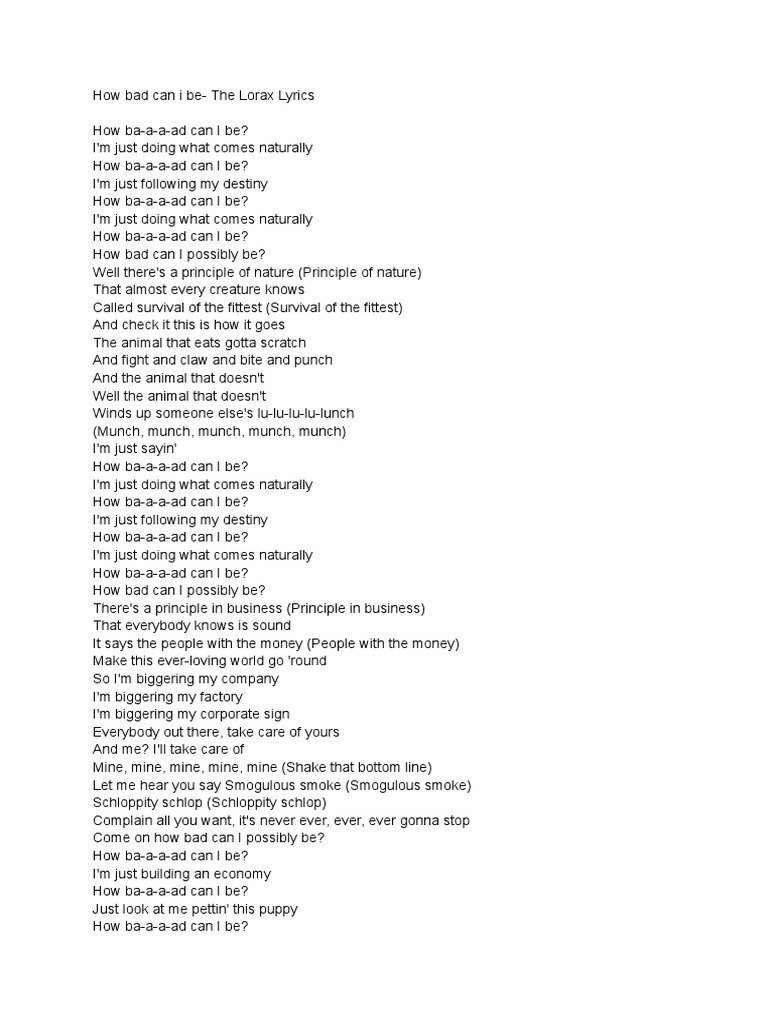 How Bad Can I Be - The Lorax Lyrics PDF | PDF