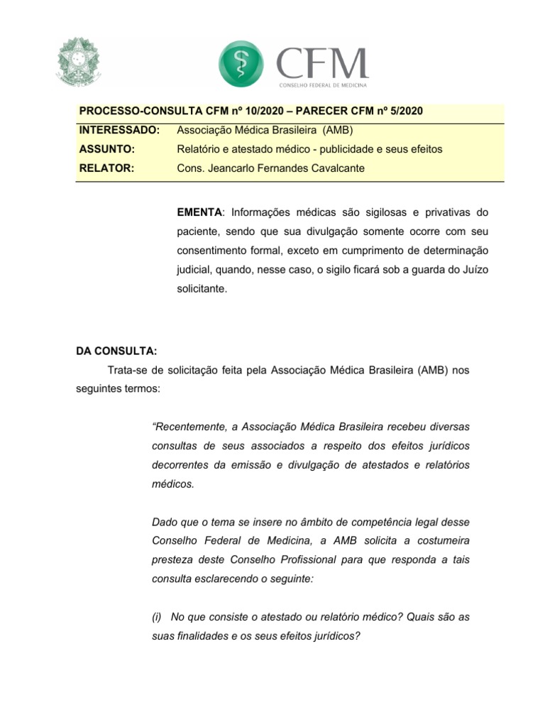 Parecer CFM 5 2020 Relatório e Atestado Médico Publicidade e Seus ...