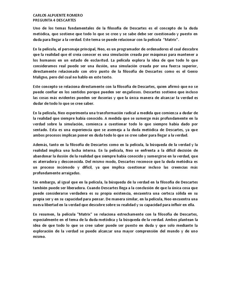 Pregunta 4 Examen Descartes y Matrix | PDF | René Descartes | Verdad