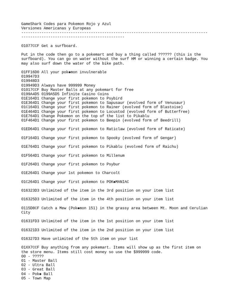 Gameshark Pokemon Rojo y Azul Ingles y Español | PDF | Pokémon