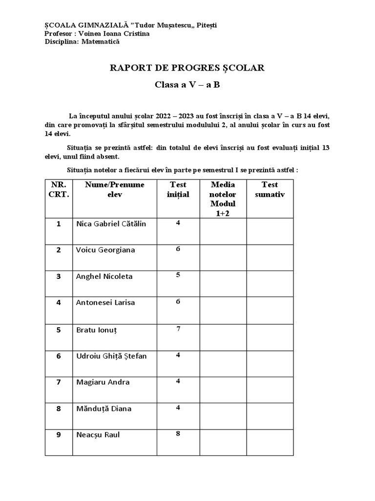 Fisa de Progres Scolar Model | PDF