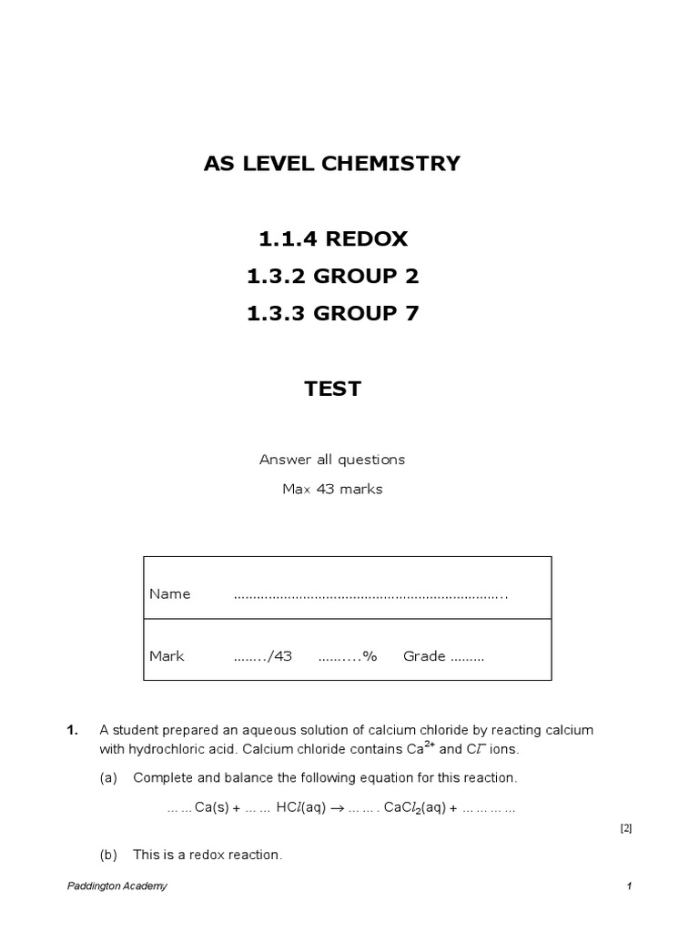 Redox Group 2 and Group 7 Test | PDF | Chlorine | Calcium