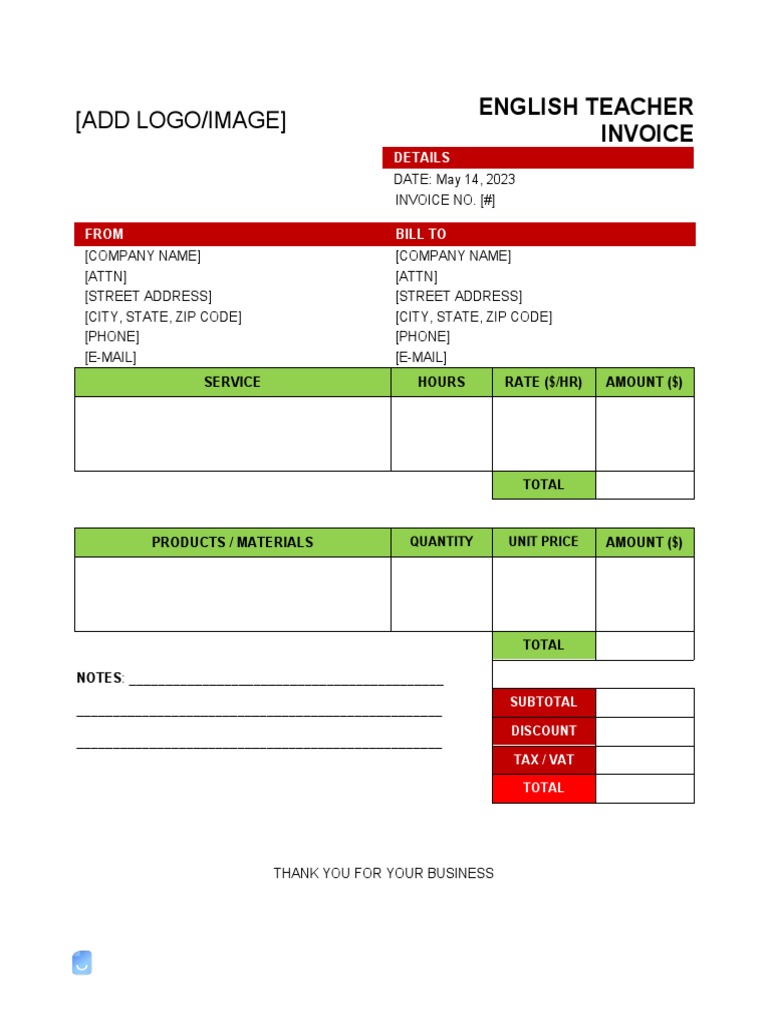 English Teacher Invoice Template | PDF