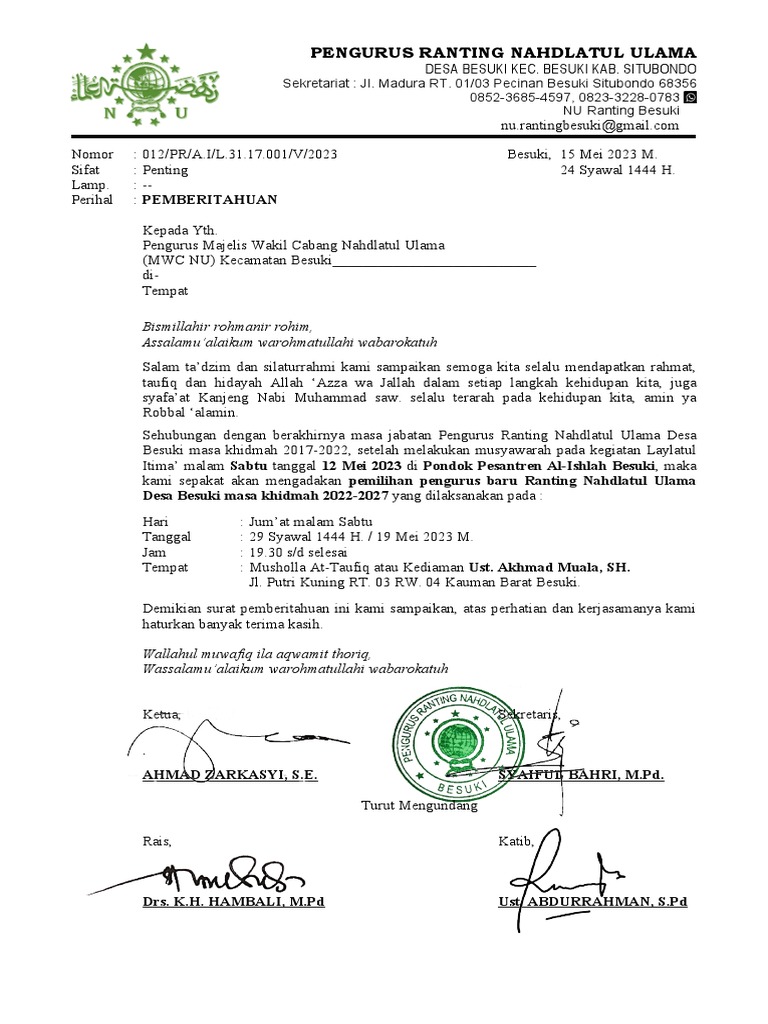 Surat Pemberitahuan Pada MWC | PDF