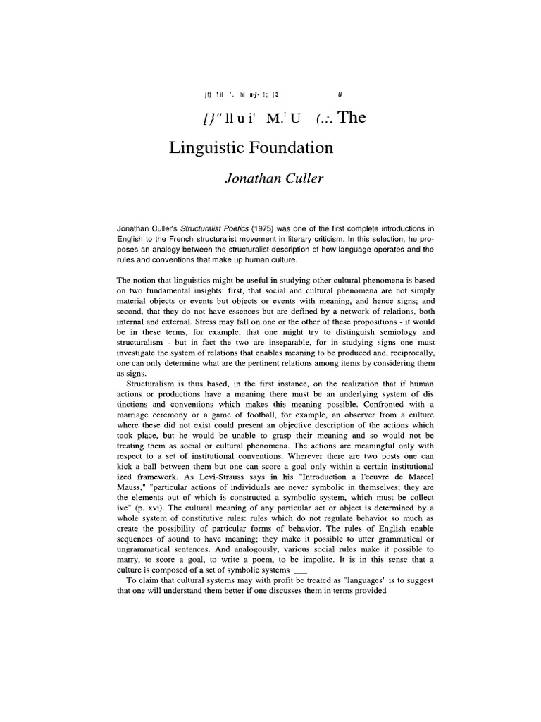 Jonathan Culler, The Linguistic Foundation PDF | PDF