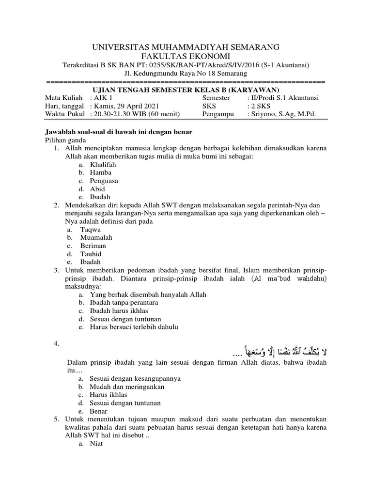 Soal Uts Aik 1 Kelas B Kamis | PDF