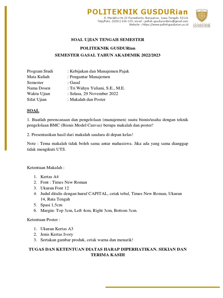 Lembar Soal UTS PENGANTAR MANAJEMEN | PDF