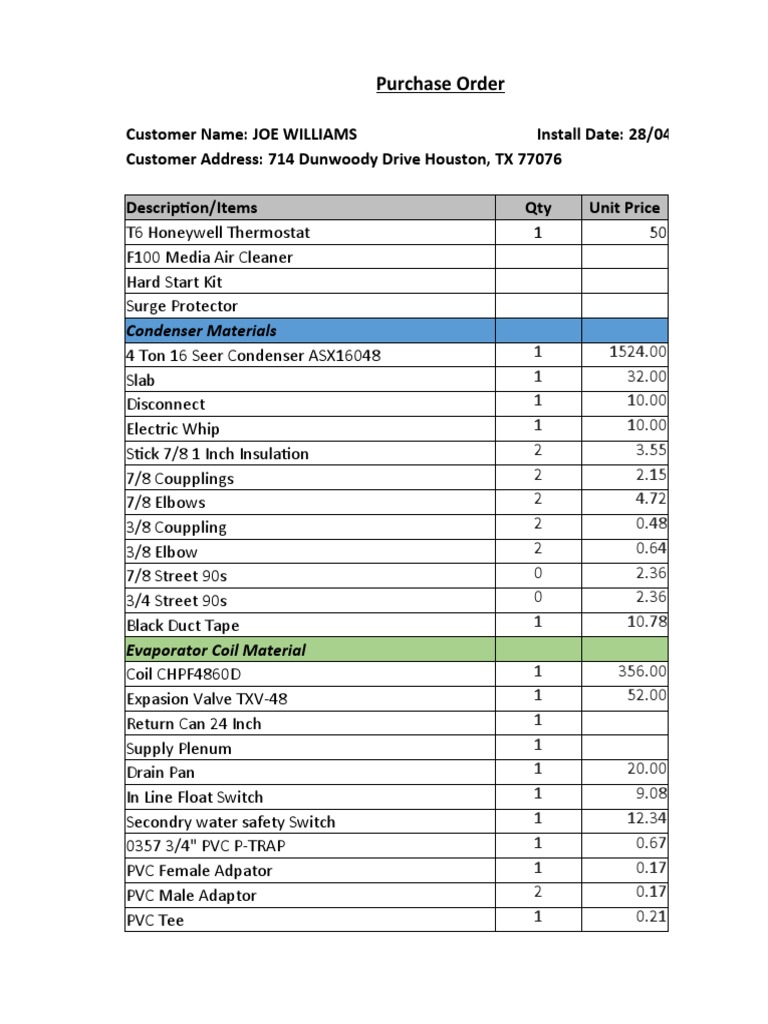 Purchase Order HVAC Installation | PDF | Materials | Building Materials