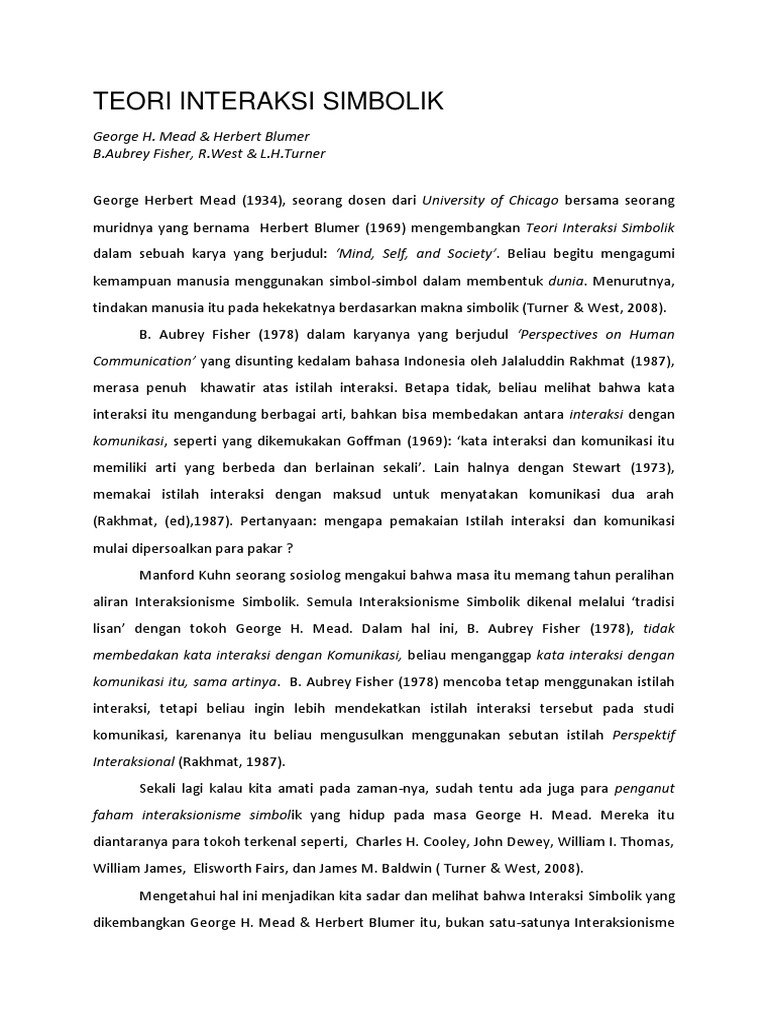 TEORI INTERAKSI SIMBOLIK MENURUT GEORGE H. MEAD DAN HERBERT BLUMER | PDF