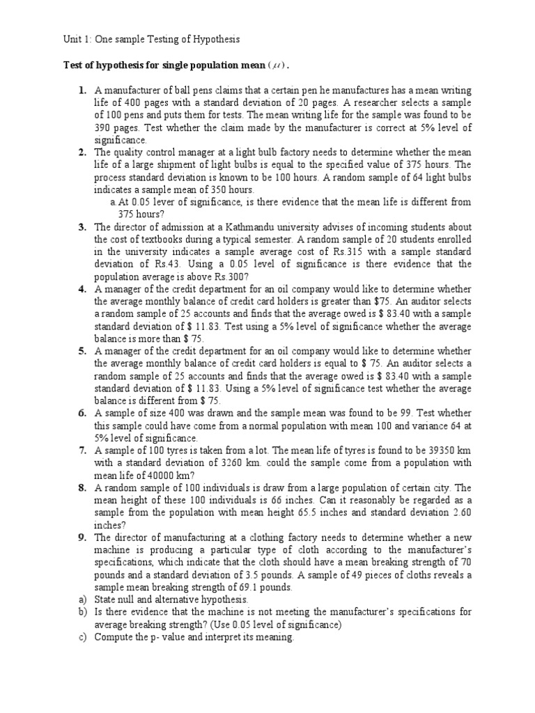 Unit 1 Hypothesis Testing For One Sample | PDF
