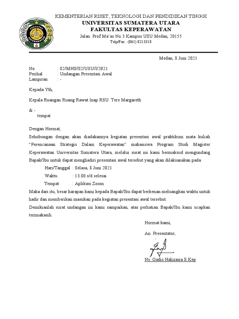 Surat Undangan Presentasi Awal Renstra Karu | PDF