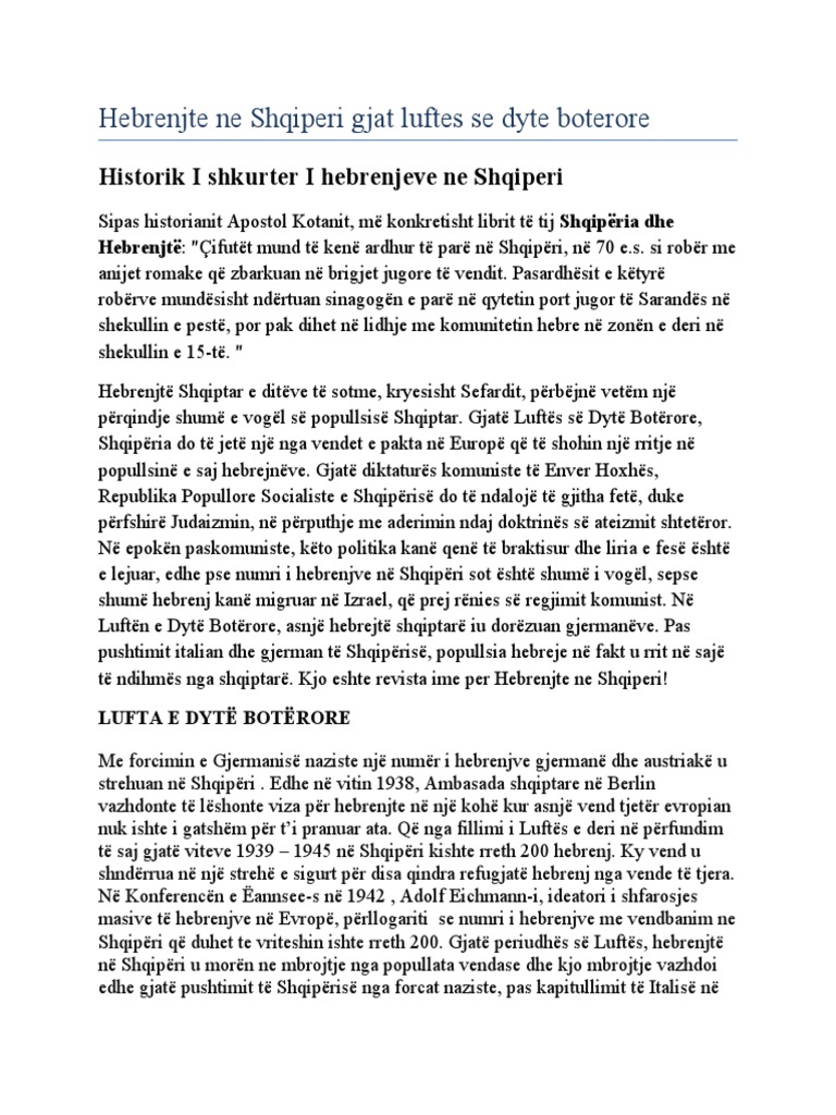 Hebrenjte Ne Shqiperi Gjat Luftes Se Dyte Boterore | PDF