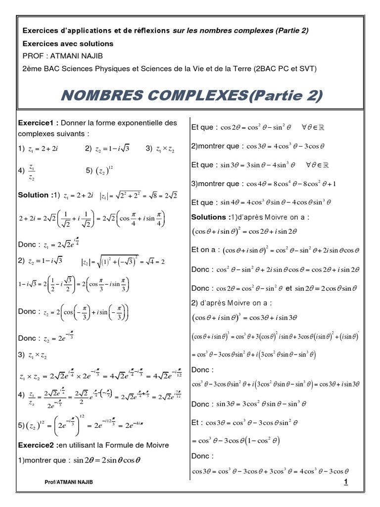 Nombres Complexes 2 Corrige Serie D Exercices 1 2 | PDF