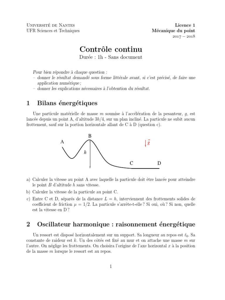 CC1 2018 - 2019 - Sujet PDF | PDF | Masse | Friction