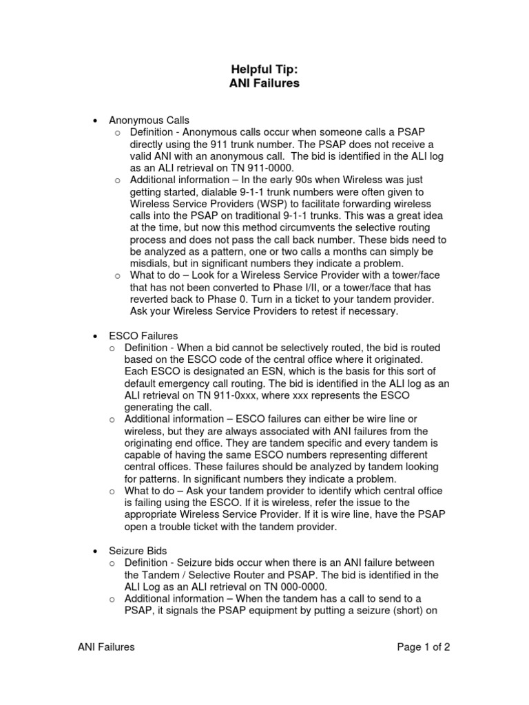 Understanding ANI Failures in 911 Calls | PDF | Telephone Exchange | 9 1 1