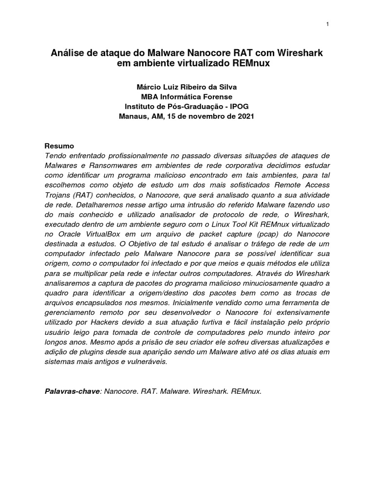 Análise de Ataque Do Malware Nanocore RAT Com Wireshark em Ambiente ...