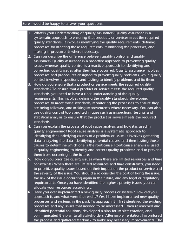 Quality Engineer Interview Questions | PDF | Quality Assurance ...