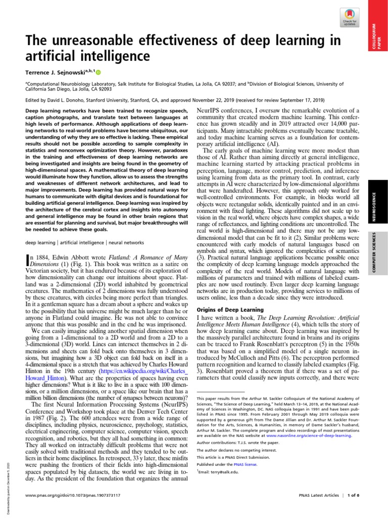 The Unreasonable Effectiveness of Deep Learning in Artificial Intelligence PDF | PDF | Deep ...