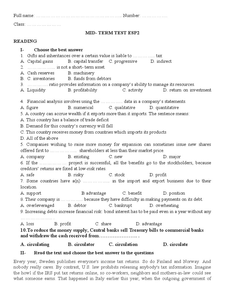 Final Test ESP 2 | PDF | Money | Business