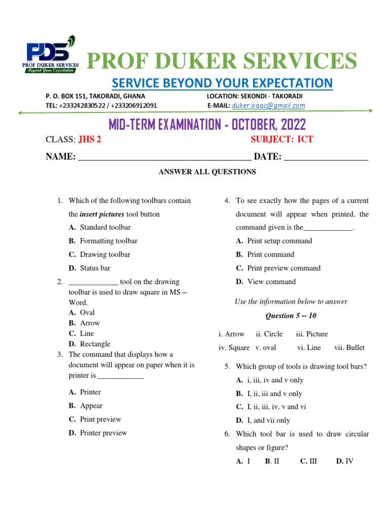 Ict Mid Term 2022 Basic 8 Prof Duker Oct PDF | PDF | World Wide Web | Internet & Web