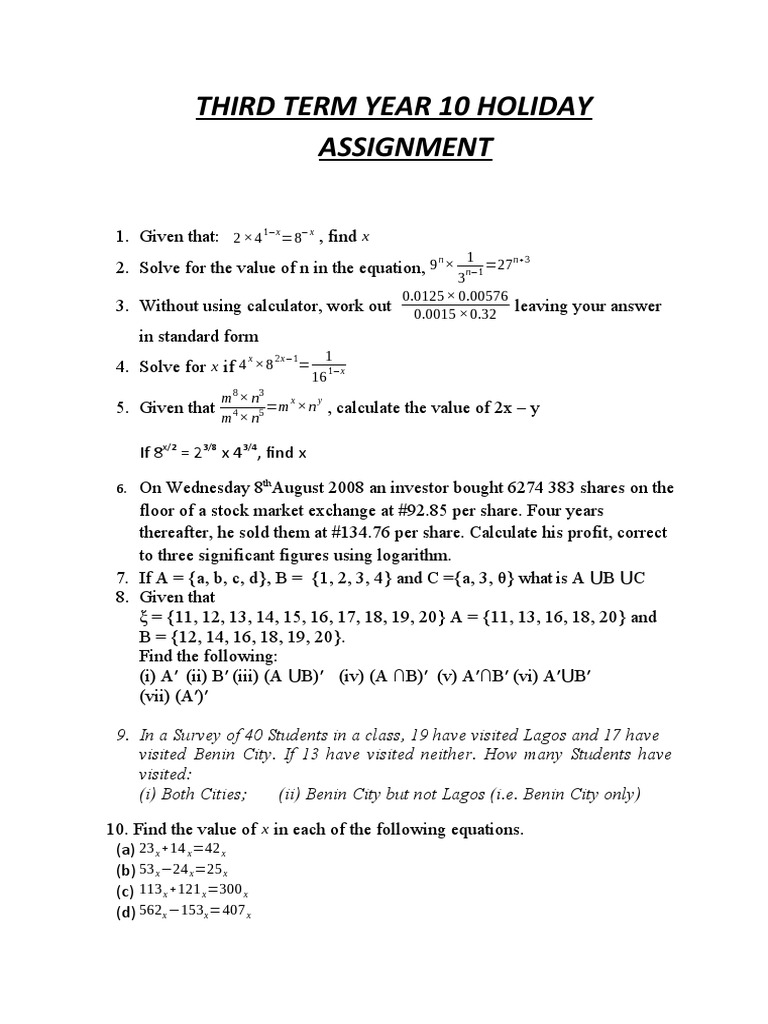 Third Term Year 10 Holiday Assignment | PDF