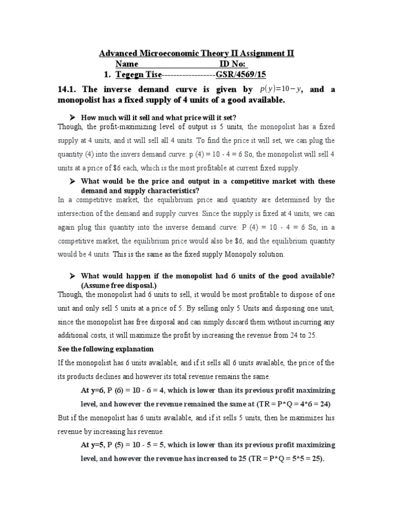 Advanced Microeconomic Theory II Assignment II | PDF | Monopoly | Profit (Economics)