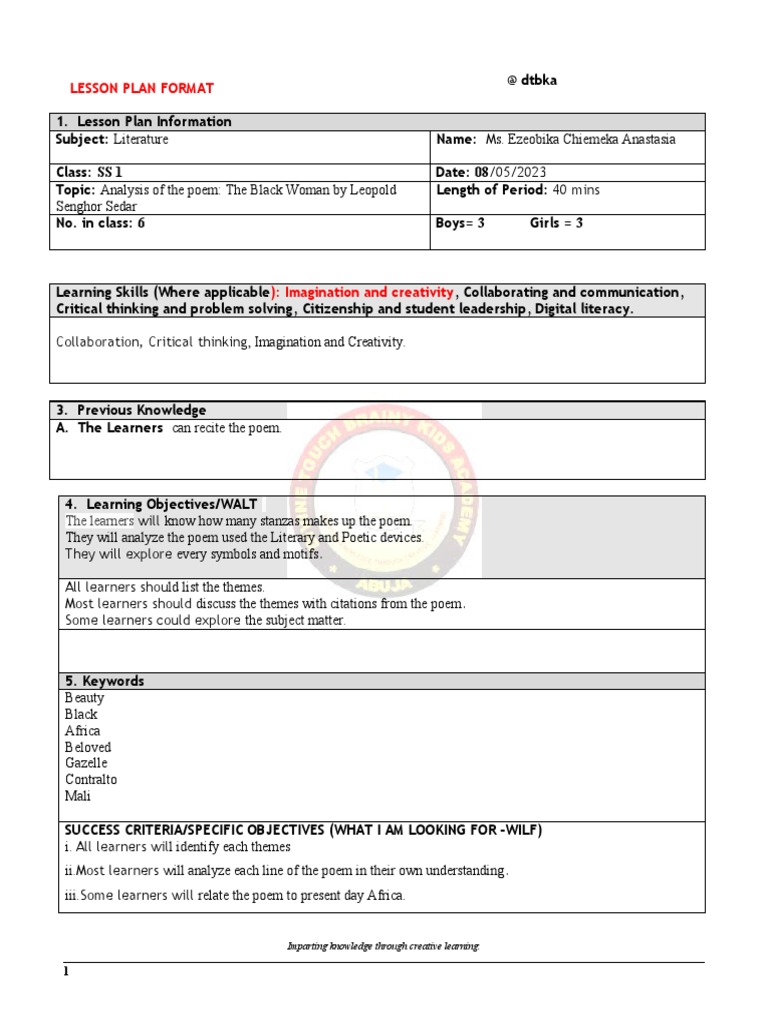 Analyzing "Black Woman" by Senghor | PDF | Learning | Lesson Plan