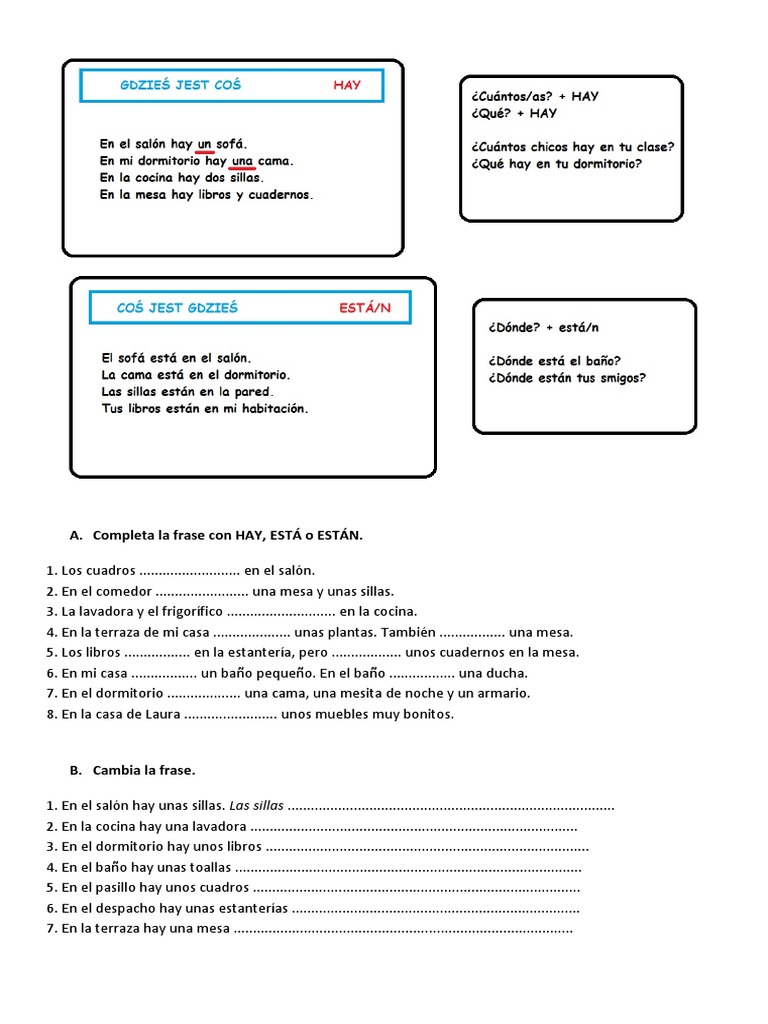 Hay, Estar, Preposiciones de Lugar | PDF | Dormitorio | Inicio