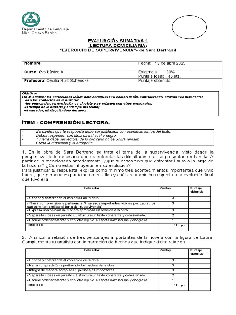 Evaluación de Lectura 8vo Básico | PDF | Narración