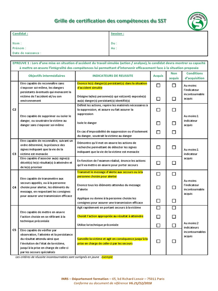 Grille de Certification Des Compétences Du SST - v6.21 - Formulaire | PDF