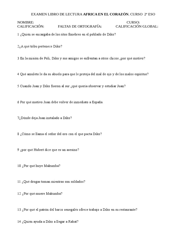 Examen sobre "África en el corazón" | PDF