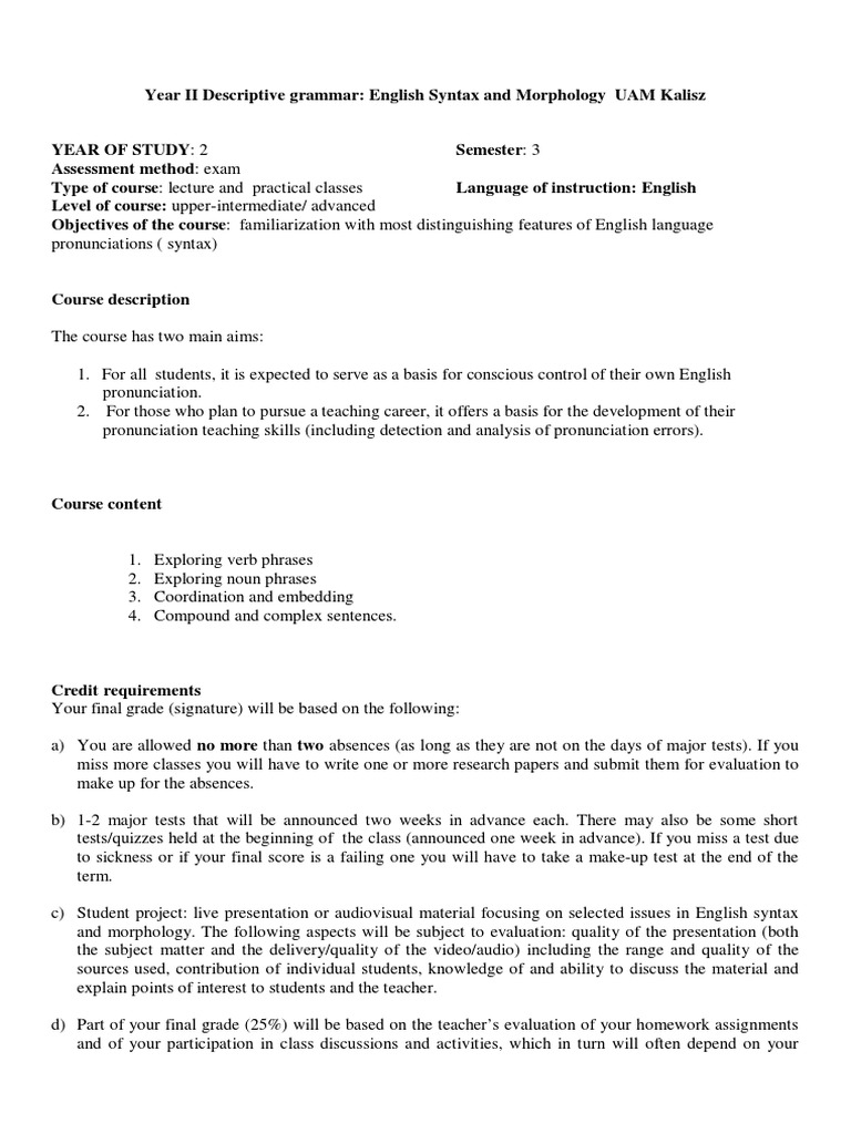 2nd Year Descriptive Grammar SYNTAX Syllabus PDF | PDF | Human Communication | Cognitive Science