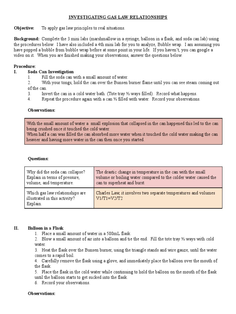 Gas Law Mini Labs Investigation | PDF