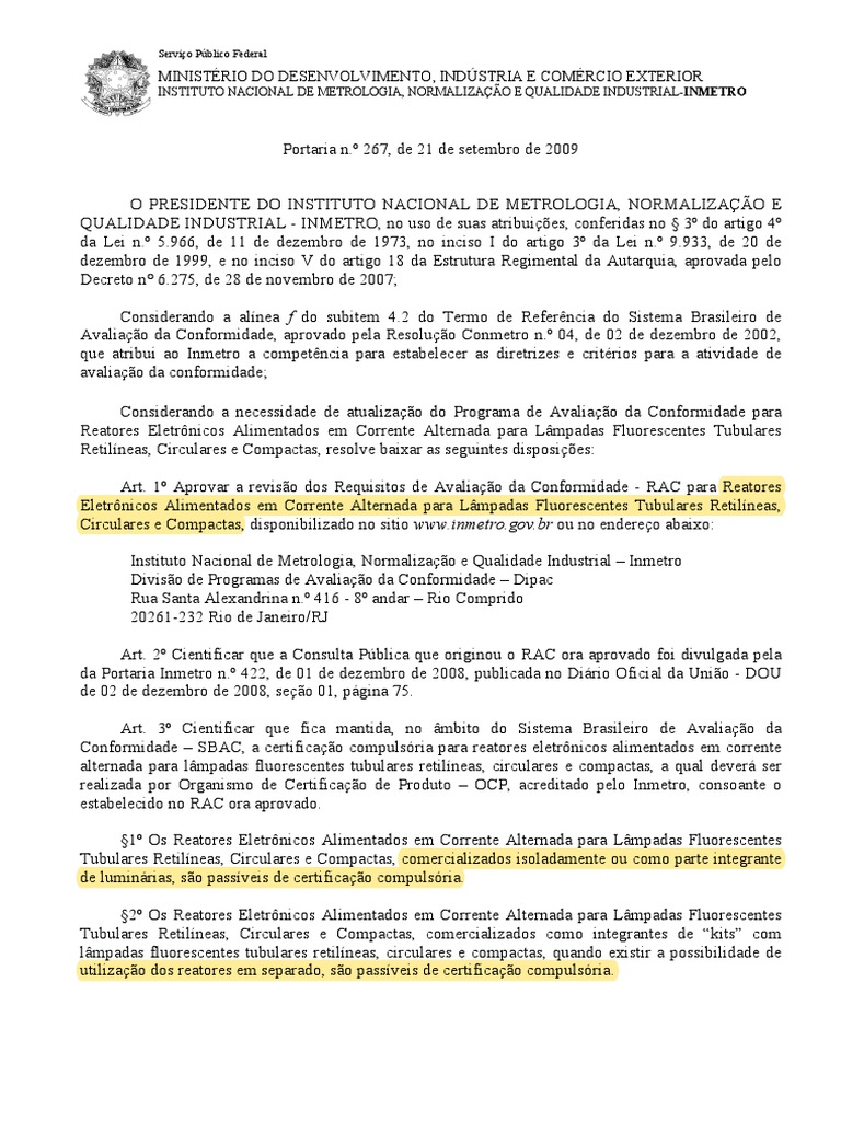Portaria 267 RAC Reactores Electronicos CA Lamp Flu Tub Recti Circ y ...