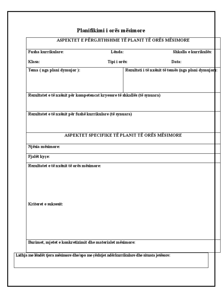 Planifikimi I Orës Mësimore | PDF