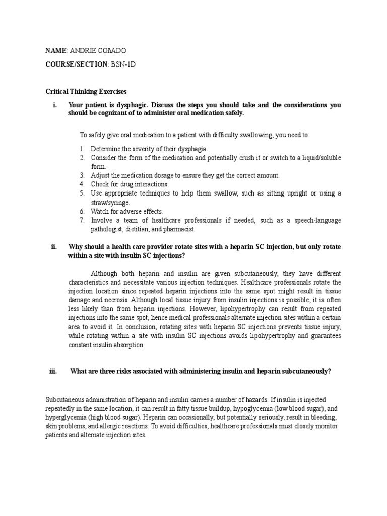 Critical Thinking Exercises | PDF | Injection (Medicine) | Clinical ...