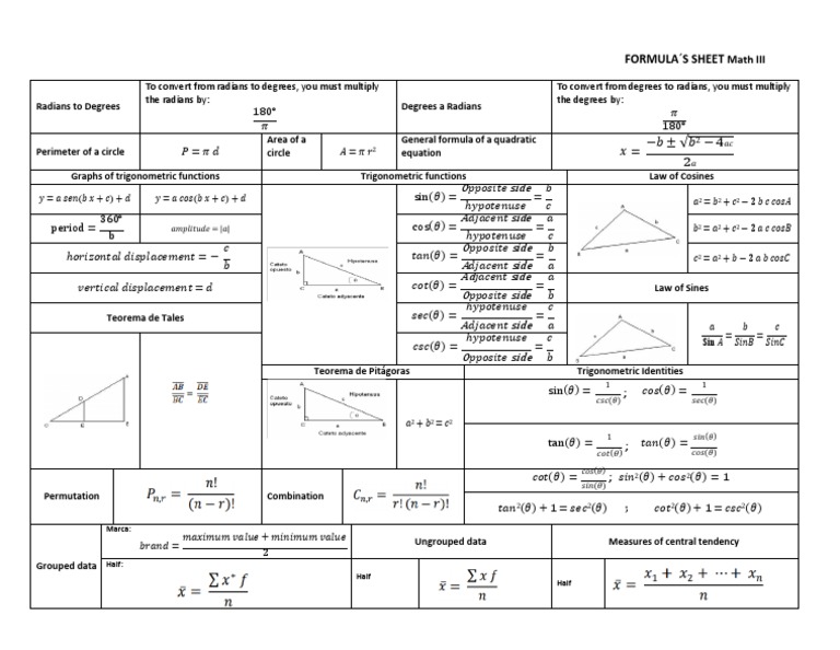 FORMULA S SHEET Math III | PDF | Trigonometric Functions | Geometric Measurement