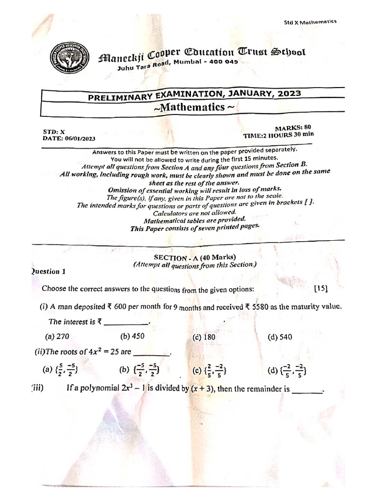Maneckji Cooper Maths Prelim 2 2023 | PDF
