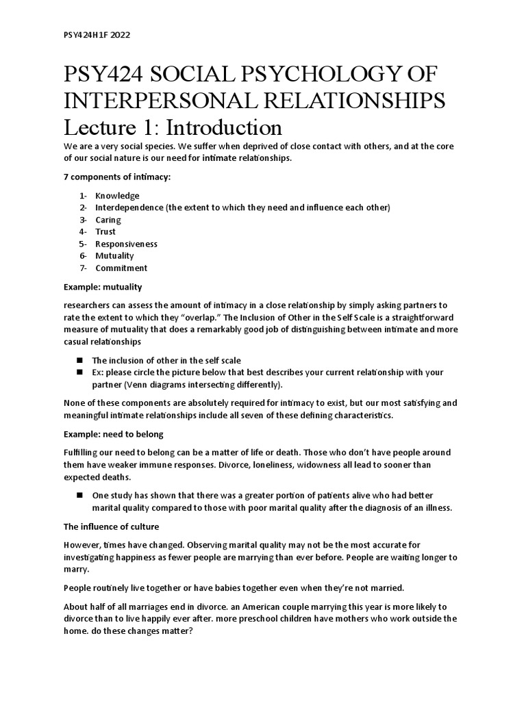 Psy424 Social Psychology of Interpersonal Relationships | PDF